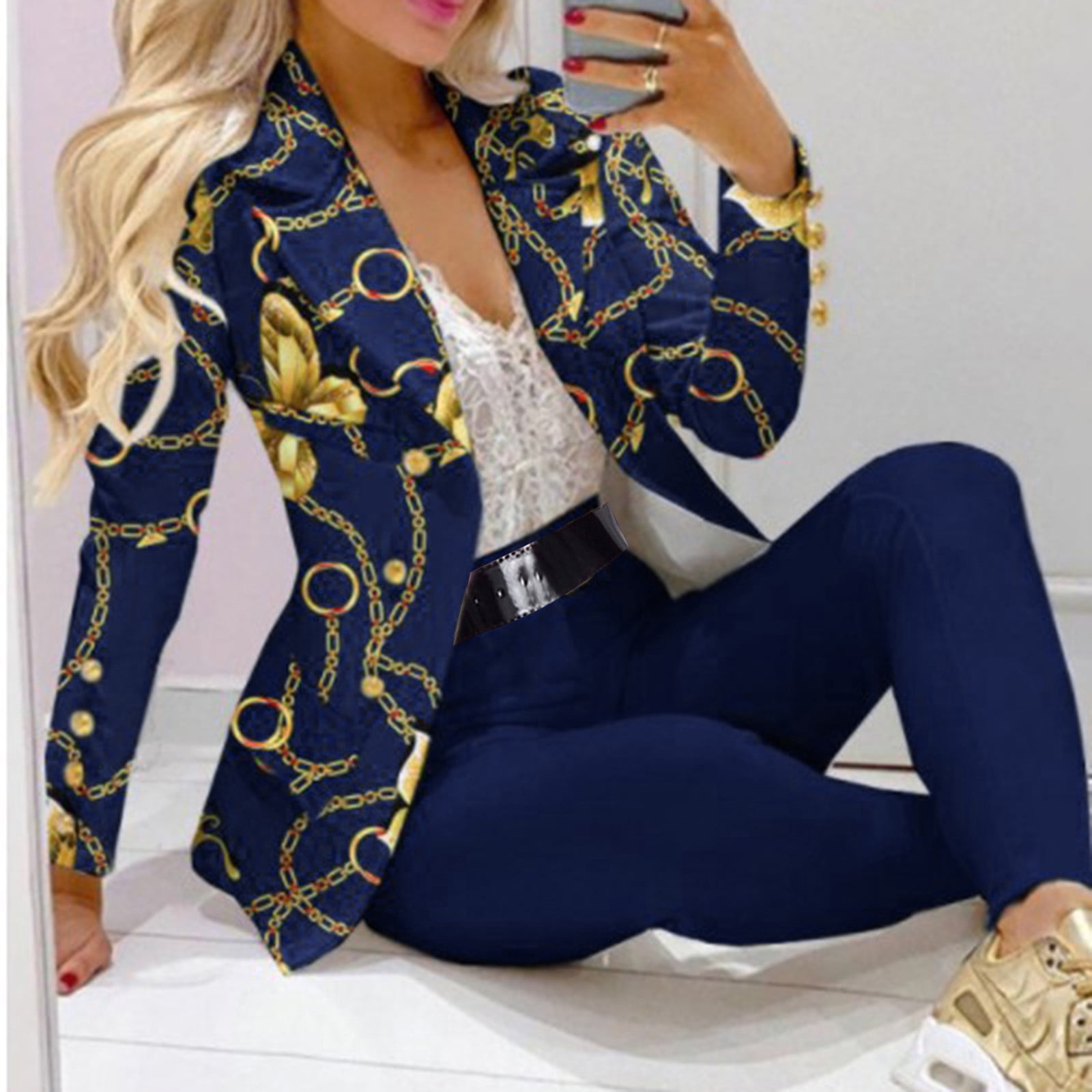 HAXMNOU Women's Solid Two Piece Suit Set Business Office Long Sleeve ...