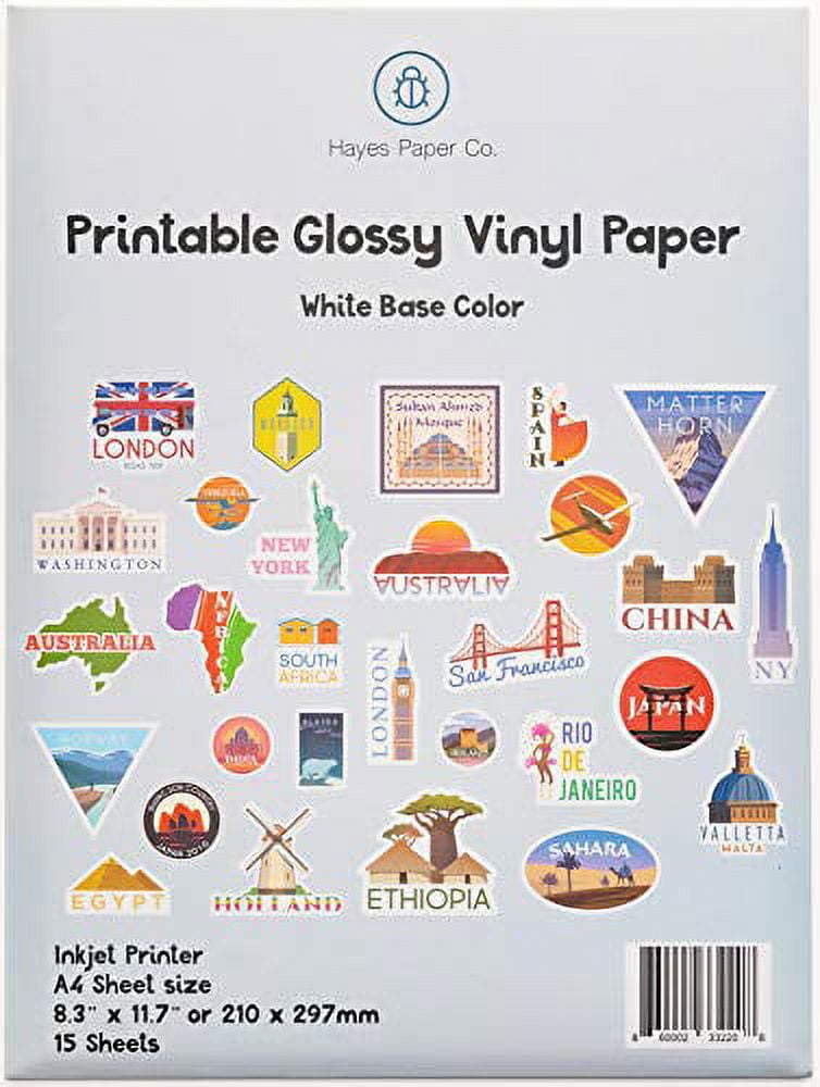 HAYES PAPER, Vinyl Sticker Paper for Inkjet Printers, 15 Premium Glossy ...