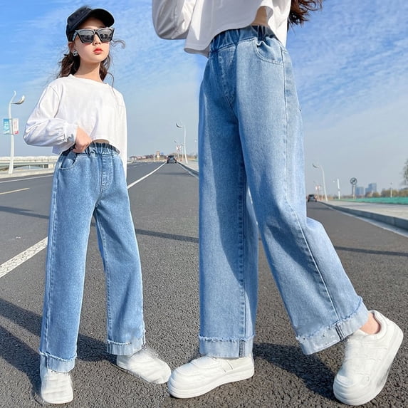 HAYIMI Child Girls Casual Pants Elastic Waist Straight Leg Denim Jeans ...