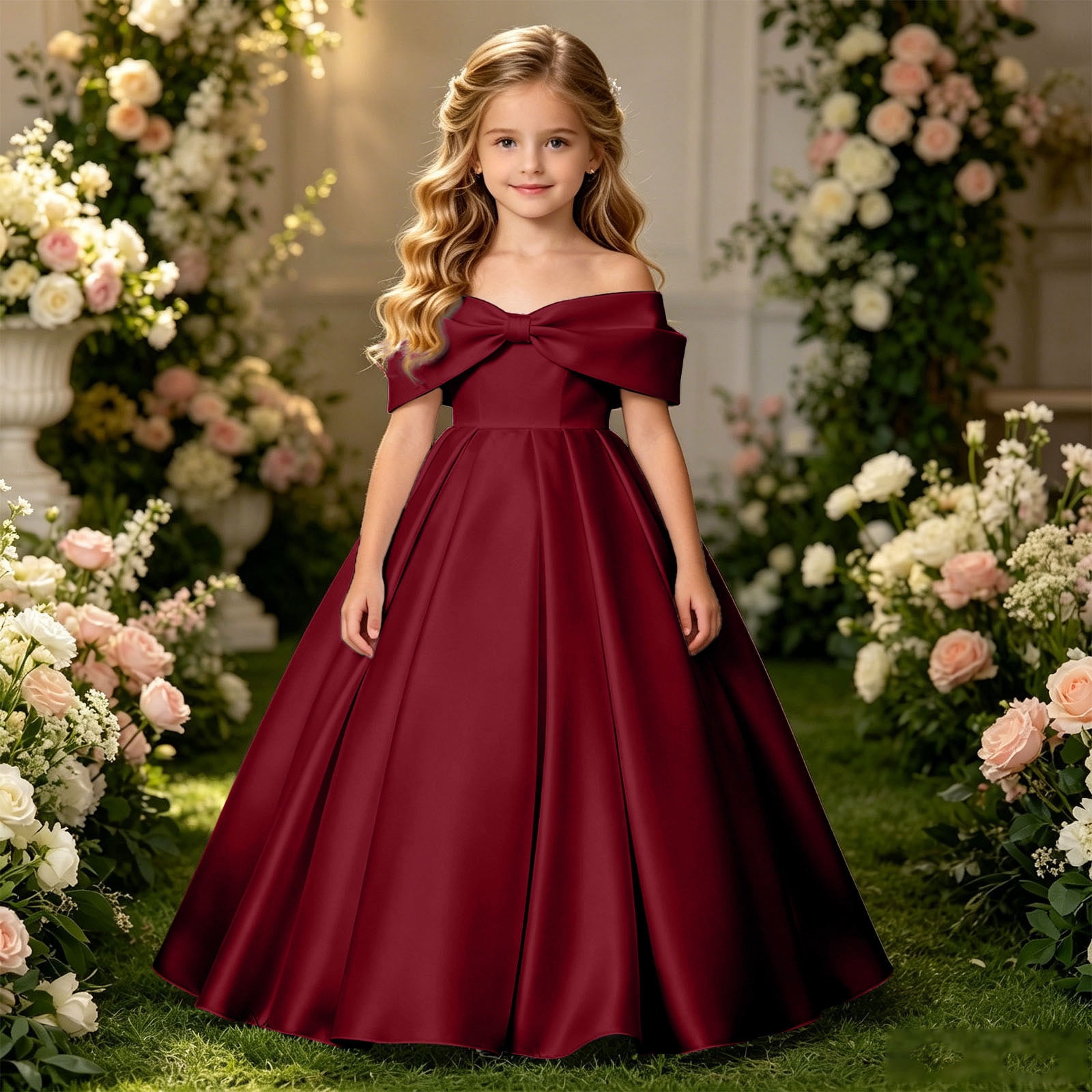 HAYIMI Child Girls Formal Off Shoulder Solid Color Big Bow Floor Length ...