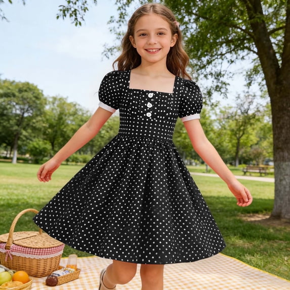 HAYIMI Child Girls Summer Dress With Waist Tie Floral Pattern Square ...