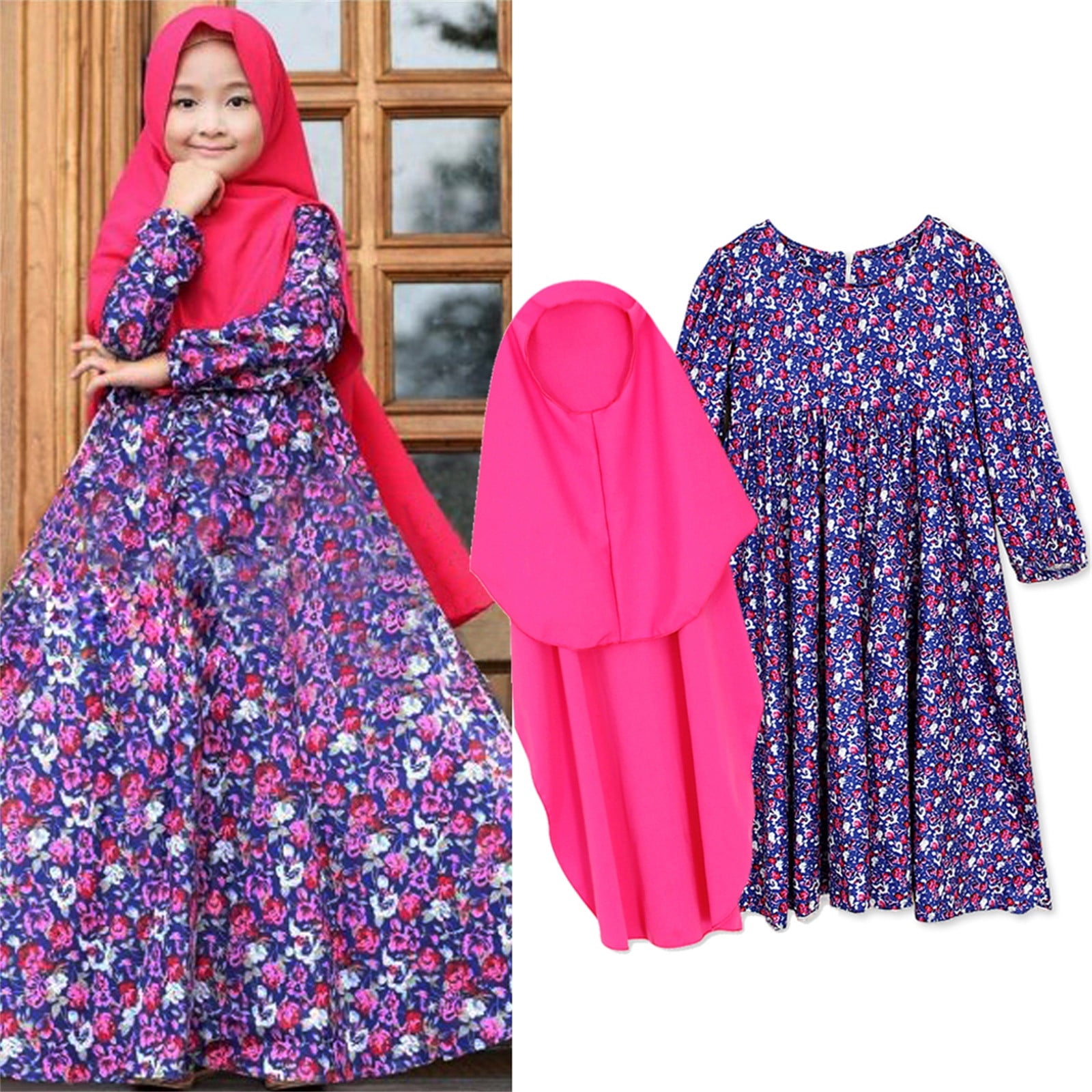 HAYIMI Child Outfit Sets Baby Girls Floral Abaya With Hijab Full Length ...