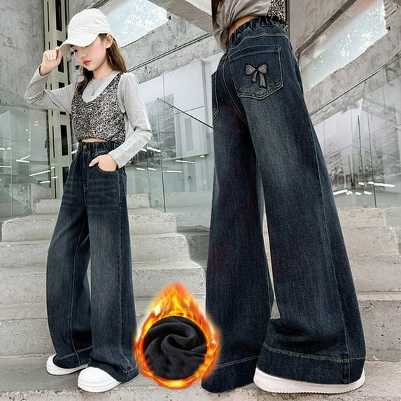 HAYIMI Child Pants Winter Girls Flared Denim Pants With Bow Detail ...