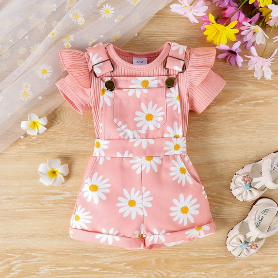 HAYIMI Kids Baby Girls Solid Color Ribbed Bodysuit With Floral Print ...