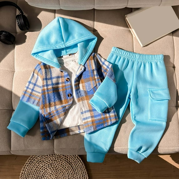 HAYIMI Kids Boys Long Sleeve Hooded Plaid Shirt And Pants Outfit Sets ...