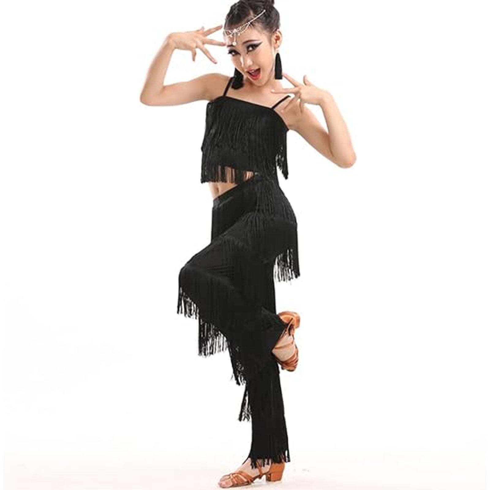 HAYIMI Kids Girls 2 Piece Latin Ballroom Dance Outfits Set Tassel ...