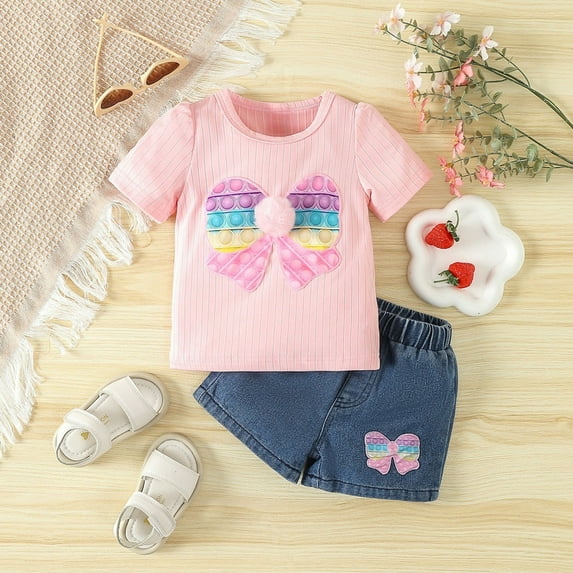 HAYIMI Kids Girls Bow With Patch Ball Print Summer Outfit Sets O-Neck ...