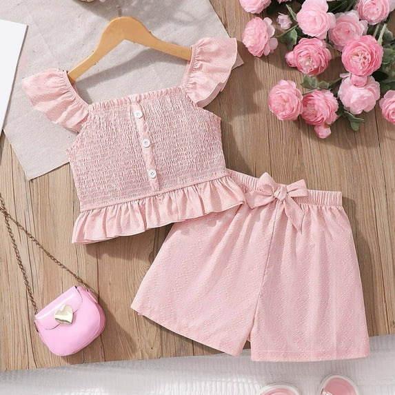 HAYIMI Kids Girls Summer Outfit Sets Sleeveless Ruffle Tops With Bow ...