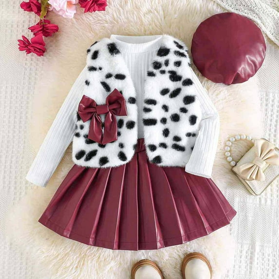 HAYIMI Kids Leopard Print Blend Coat With Solid Color Tops Skirt And ...