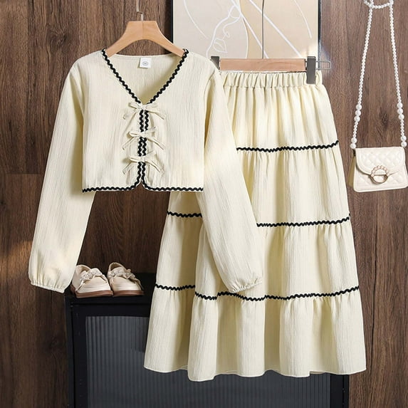 HAYIMI Kids Spring Autumn Girls Large Sized V Neck Strap Bow Long ...