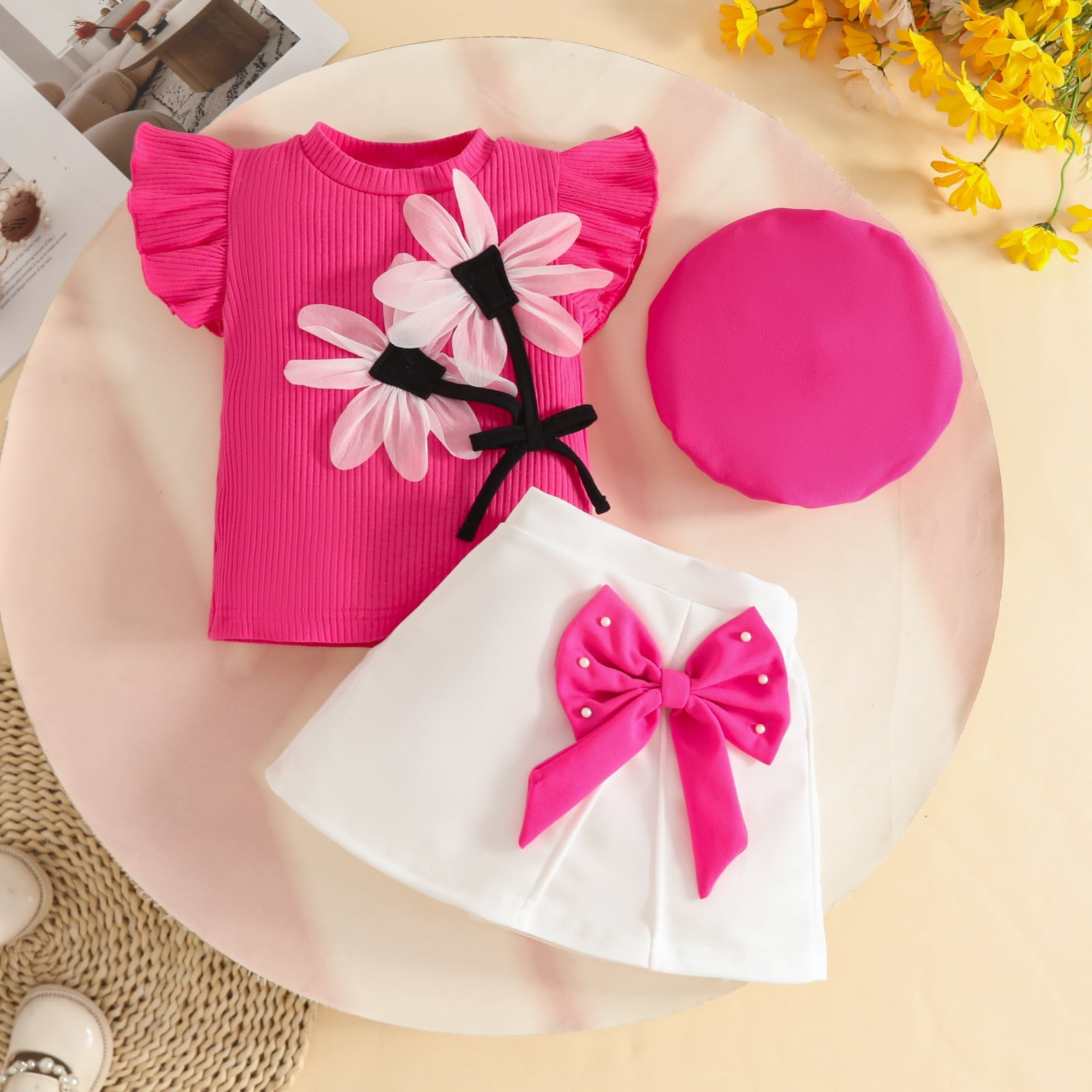 HAYIMI Kids Toddler Girls Fly Sleeve Floral Tops O-Neck T Shirt Skirts ...