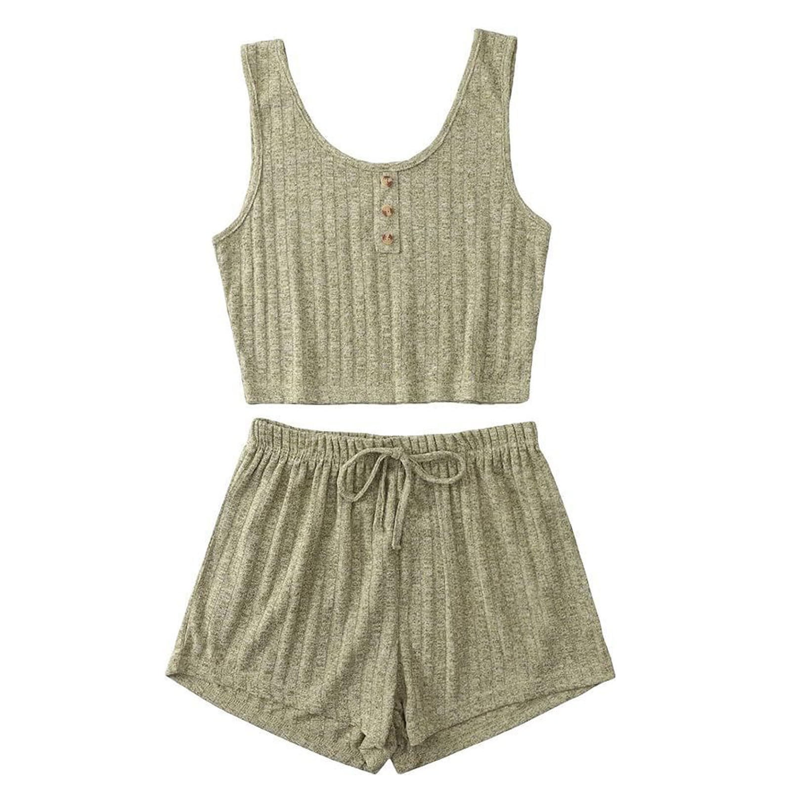HAiming 2 Piece Sets for Women Ribbed Pajamas Crop Cami Top and Shorts ...