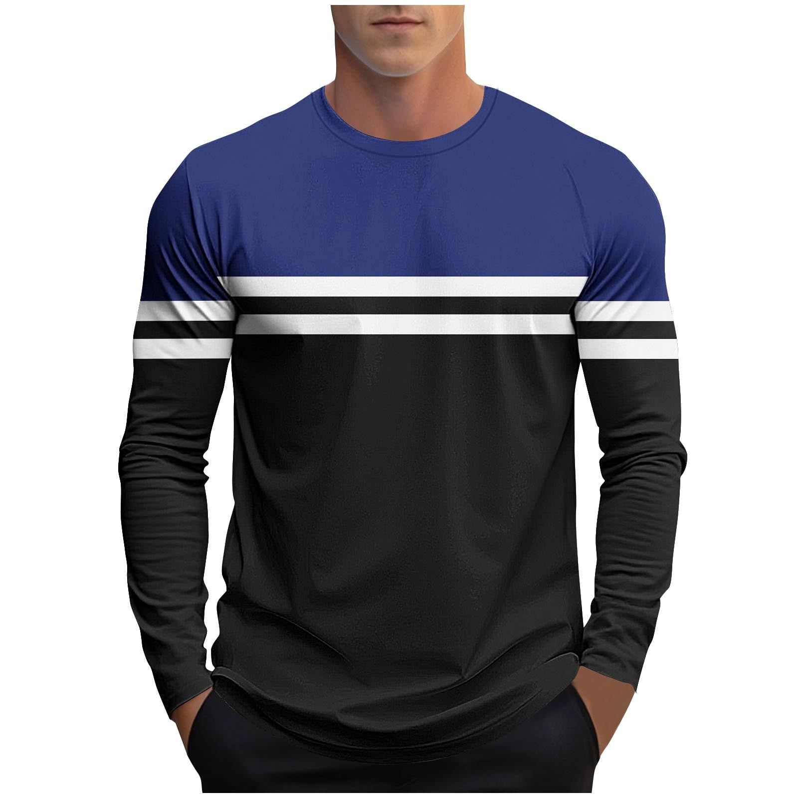 HAiming Big and Tall Mens Long Sleeve T-Shirt Color Block Striped Crew Neck Casual Soft Pullover ...