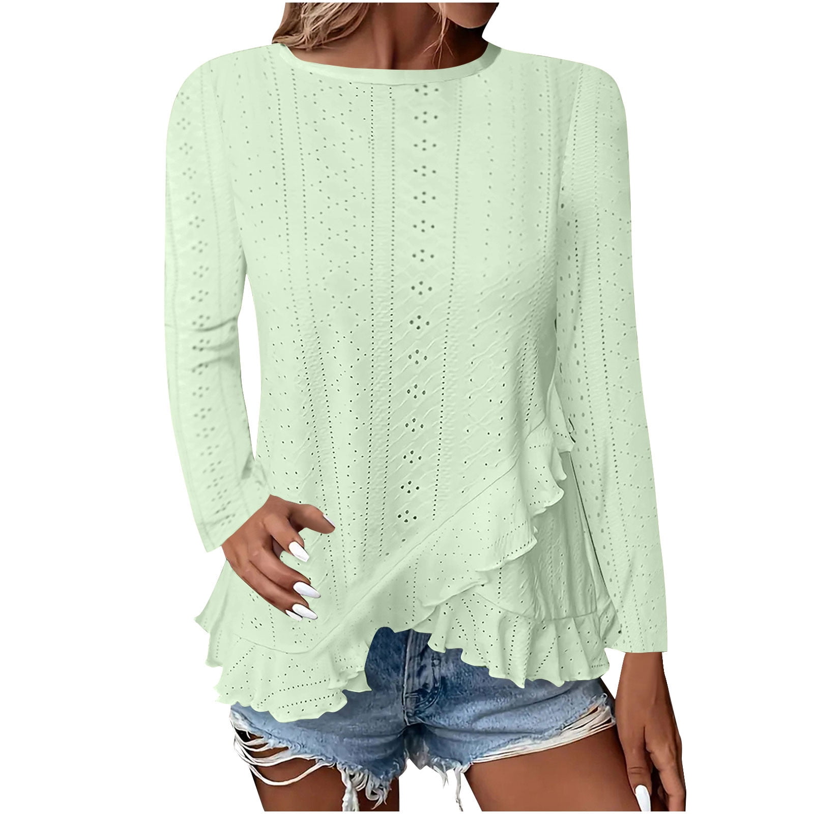 HAiming Blouses for Women Dressy Spring Casual Round Neck Eyelet Tops ...