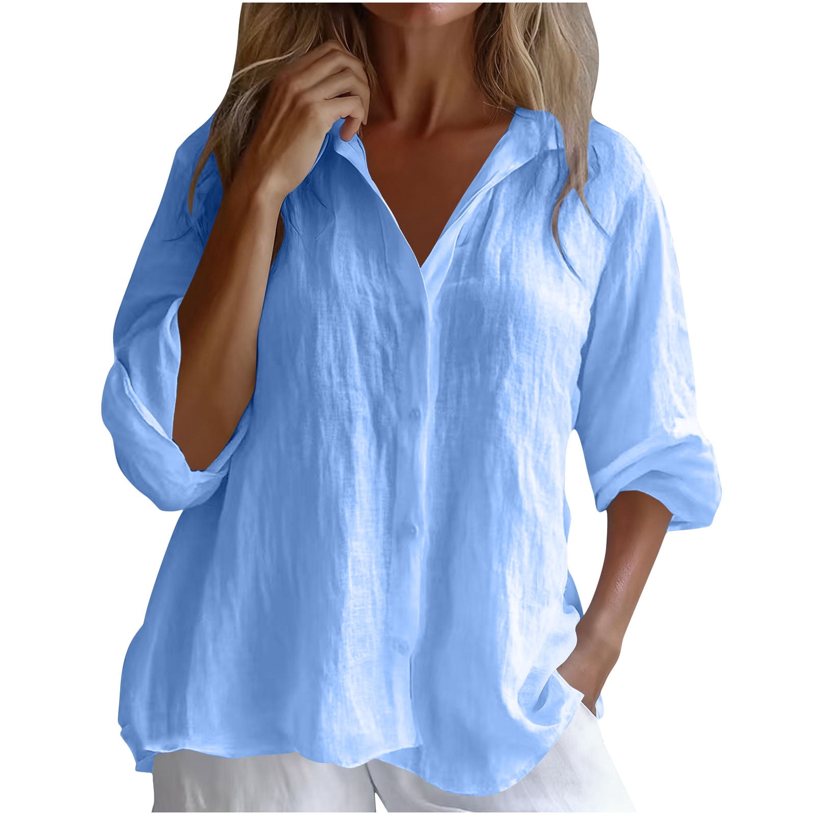 HAiming Cotton Linen Shirts for Women Lapel Collar Button down Casual ...