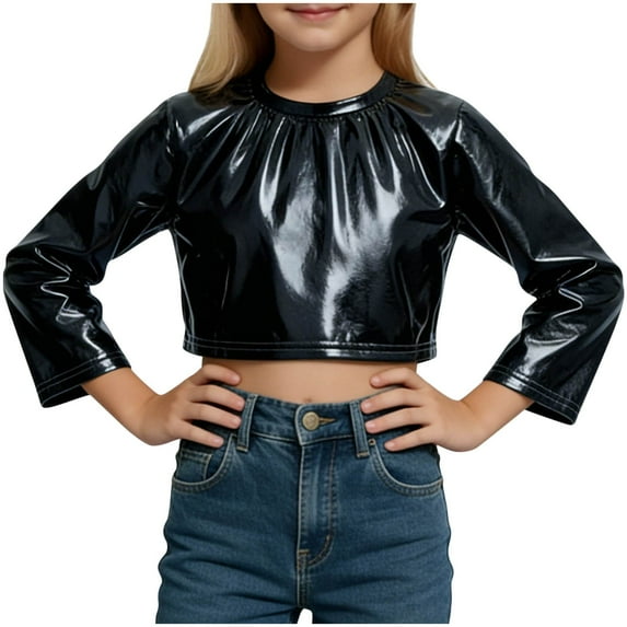 HAiming Girls Sequin Shirt Sparkle Cropped Dance Tshirts Kids Summer ...