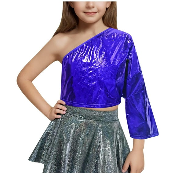HAiming Girls Sequin Shirt Sparkle Shimmer Cropped Dance Tshirts Kids ...