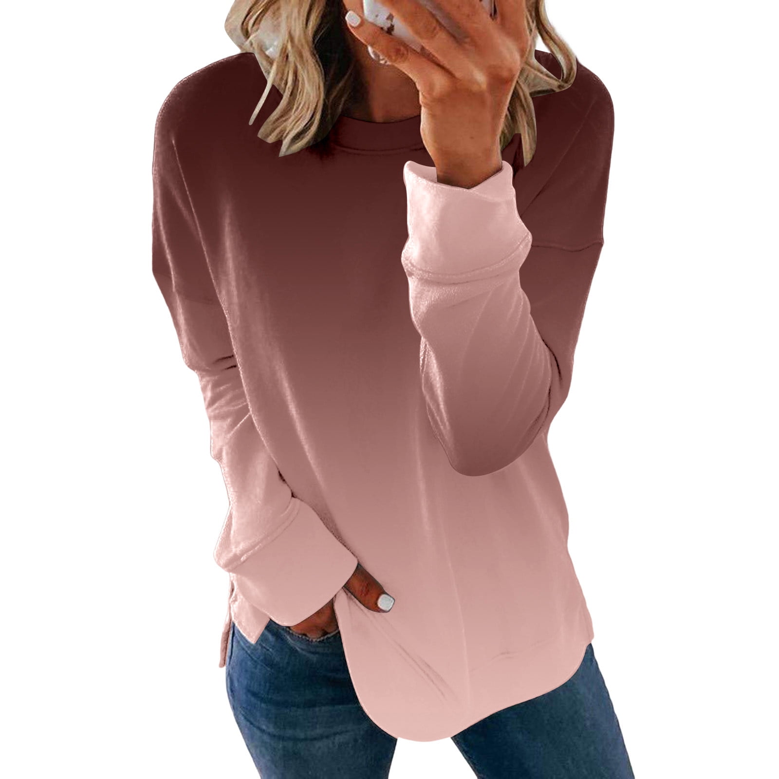 HAiming Long Sleeved Tops for Women Trendy Gradient Color Round Neck ...