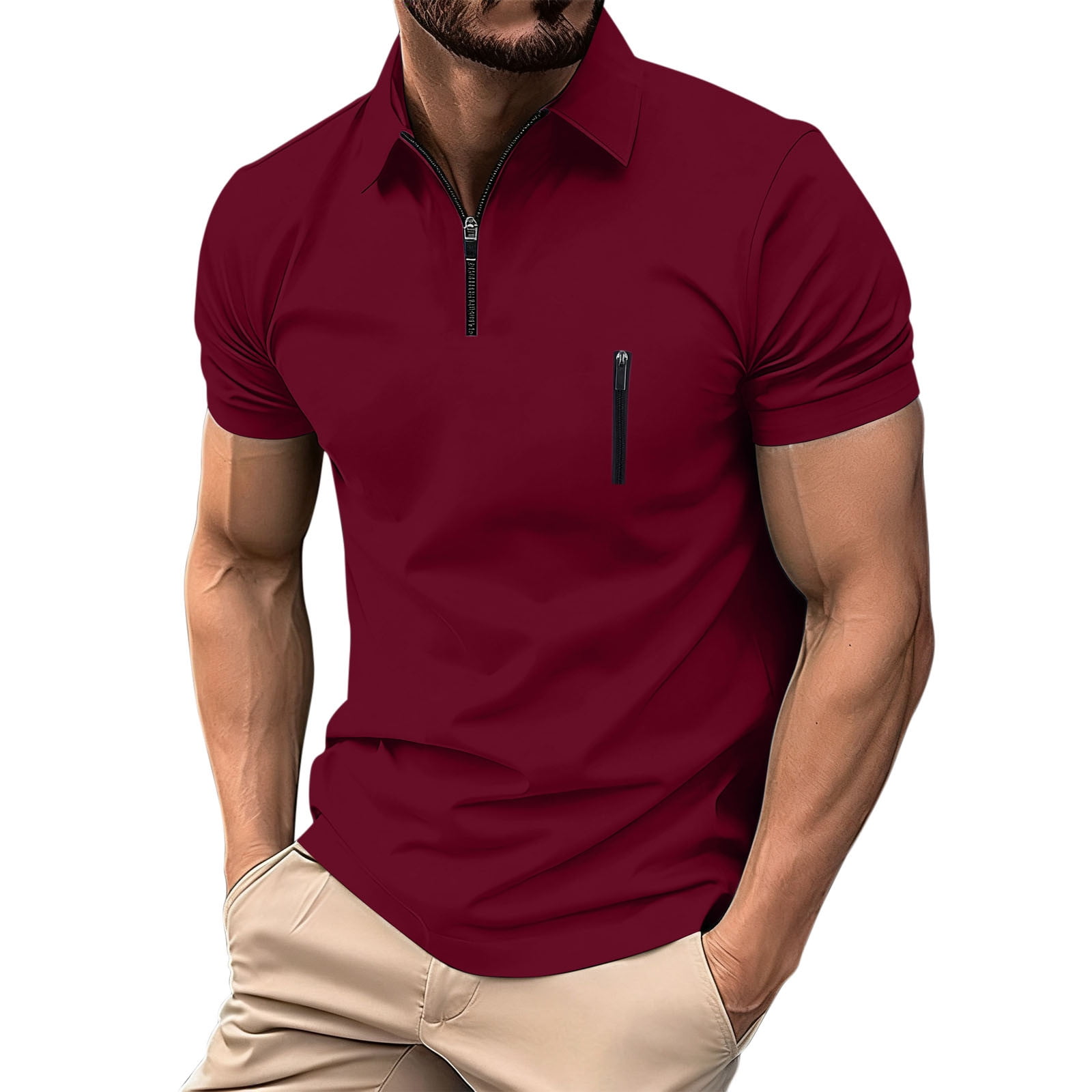 HAiming Shirts for Men Lapel Collar Short Sleeve Casual Zip Solid Color ...