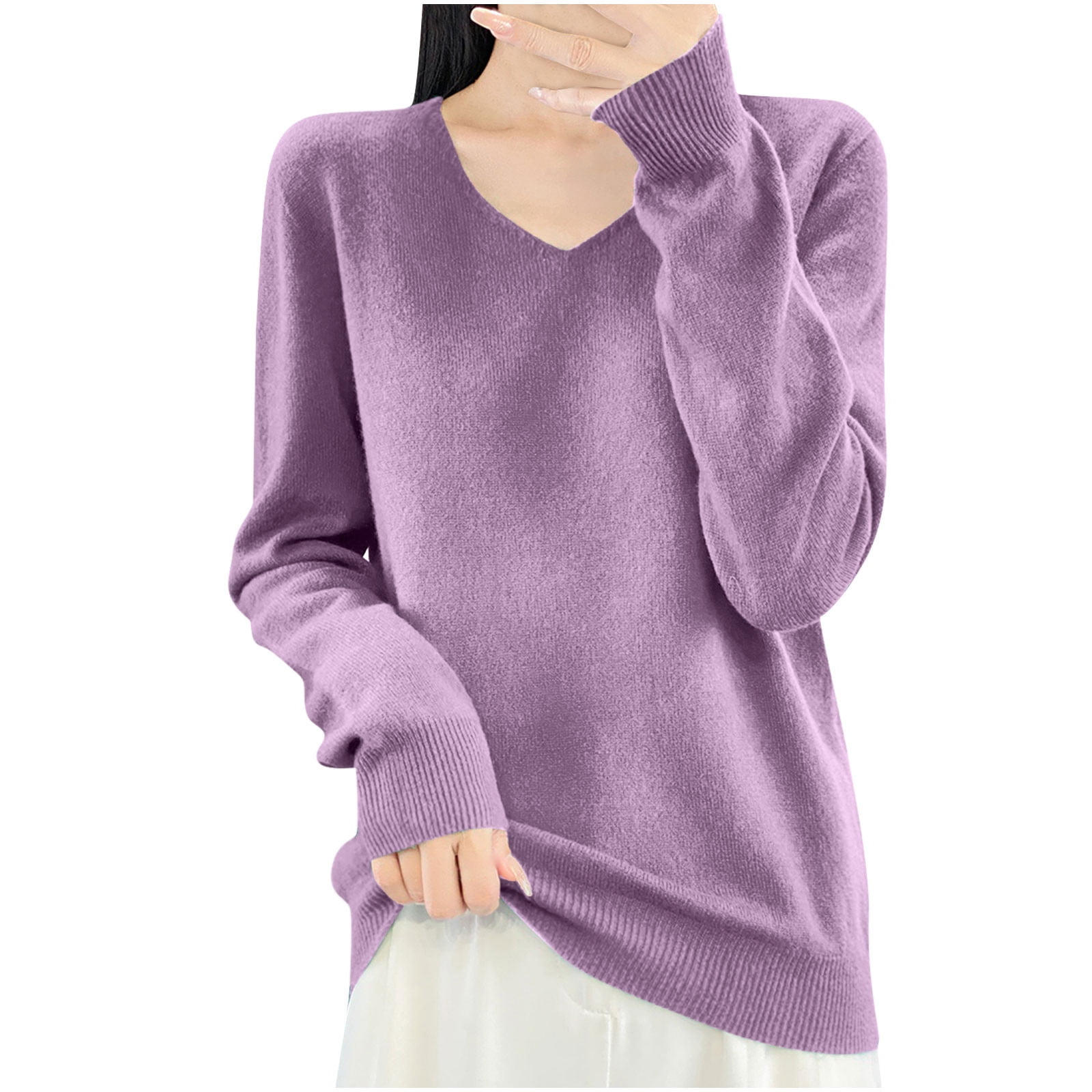 HAiming Sweaters for Women Solid Color V Neck Long Sleeve Pullover ...