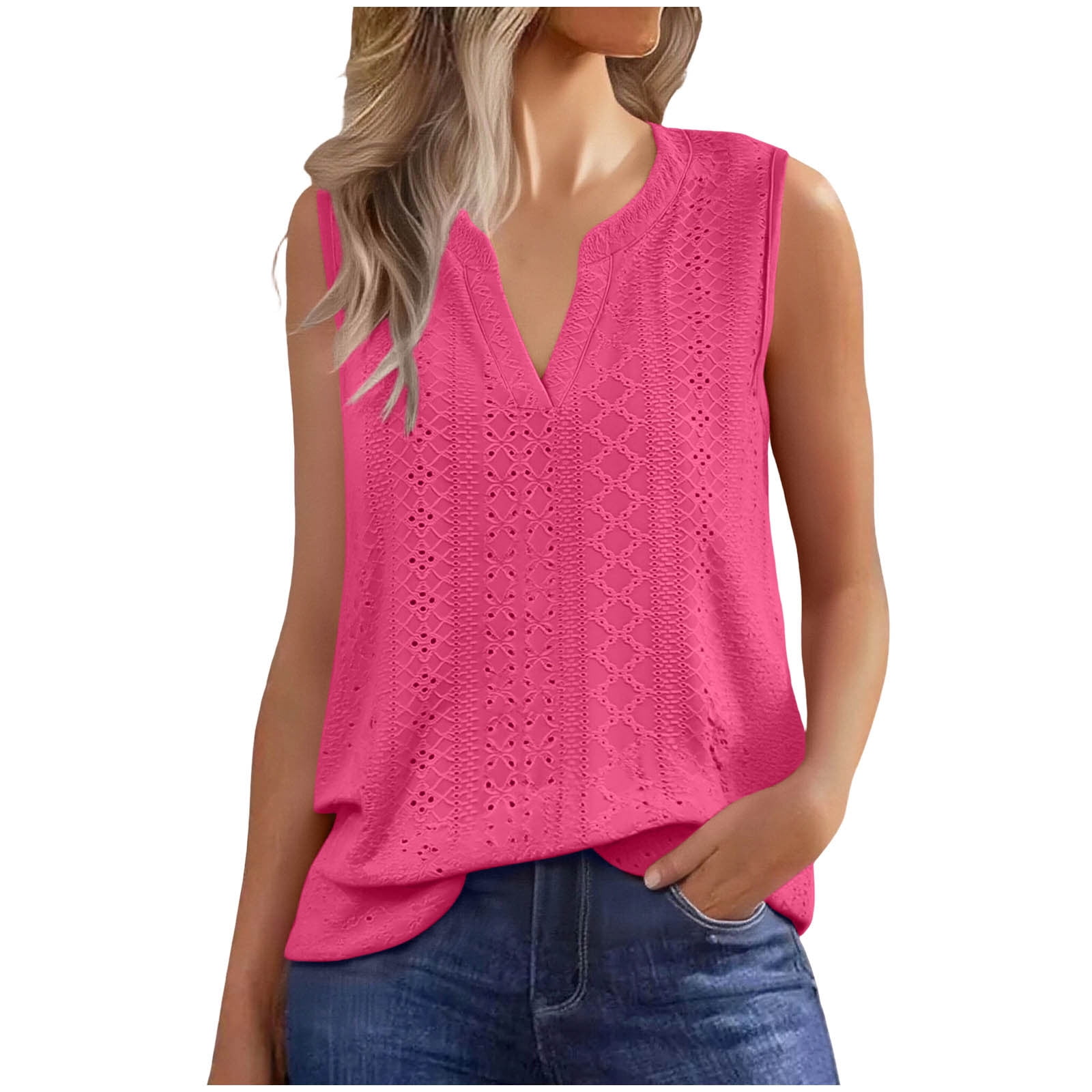 HAiming Tank Tops for Women Eyelet V Neck Sleeveless Solid Color Casual ...