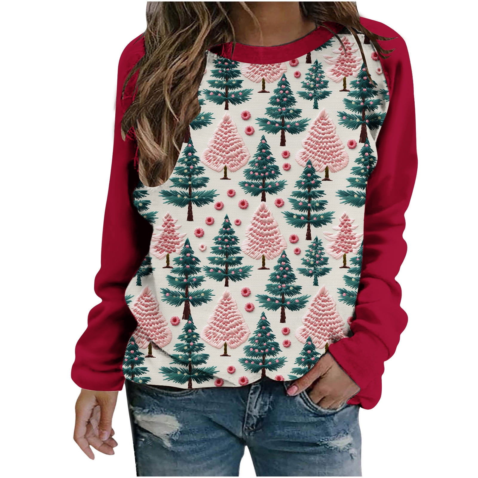HAiming Women Christmas Printed Tops Color Block Round Neck Long Sleeve ...