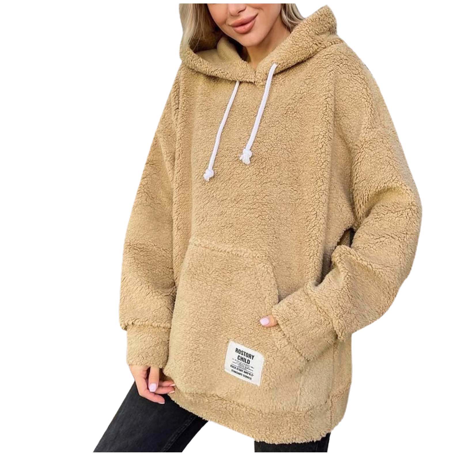 HAiming Women Fleece Drawstring Hoodies Solid Long Sleeve Sweatshirts ...