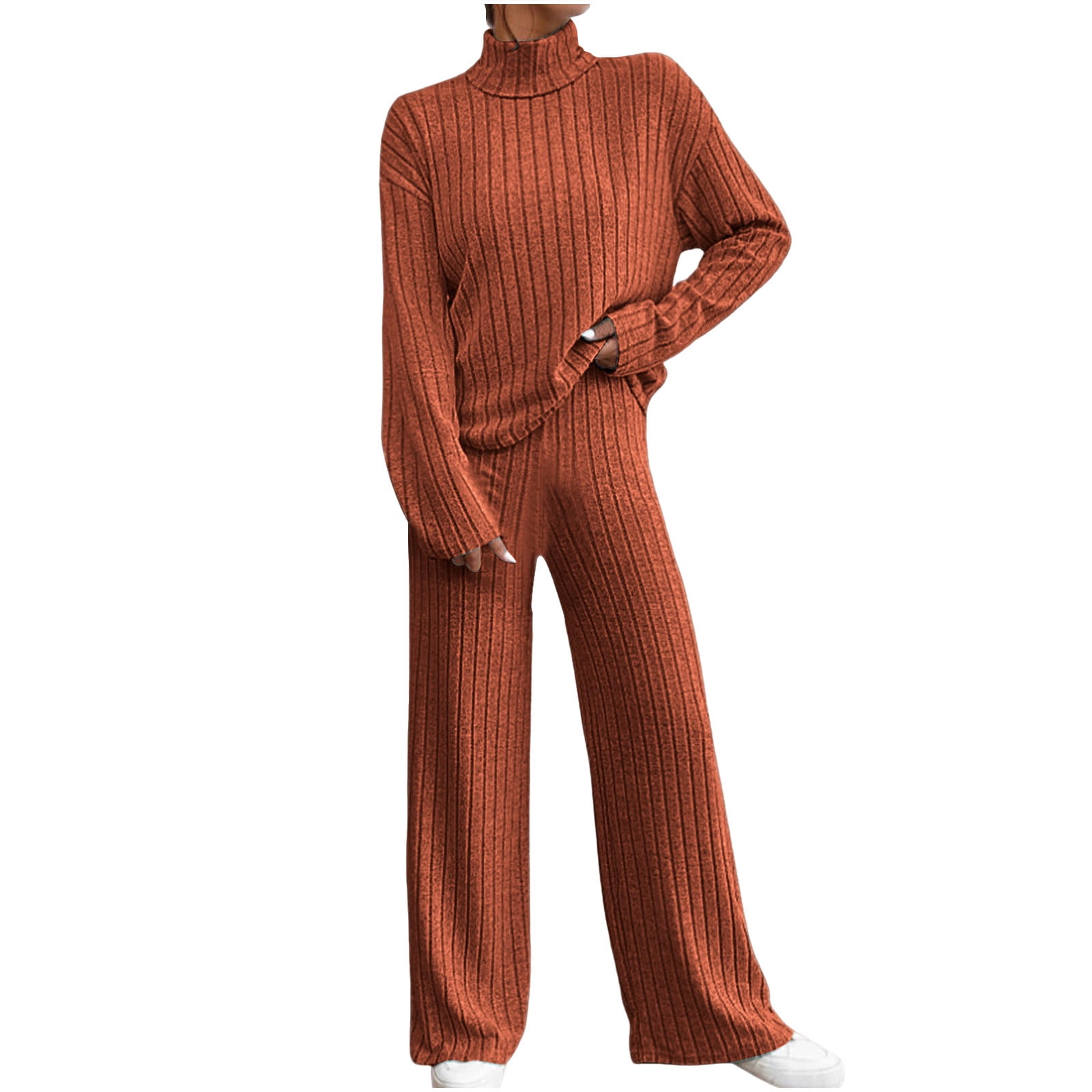HAiming Women Knitted Outfits 2 Piece Lounge Suit Turtleneck Long ...