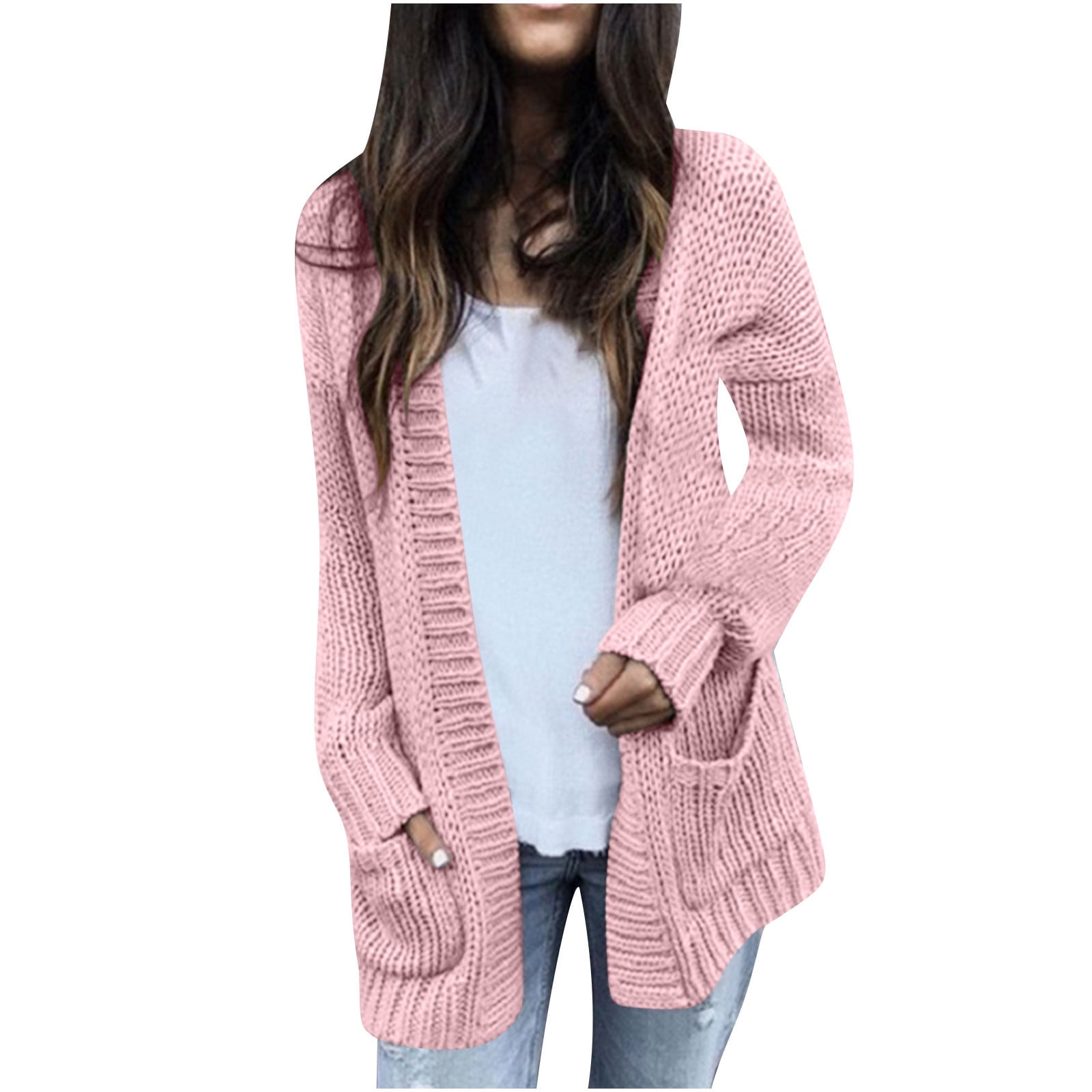 HAiming Women Open Front Cardigans Plus Size Solid Long Sleeve Knit ...
