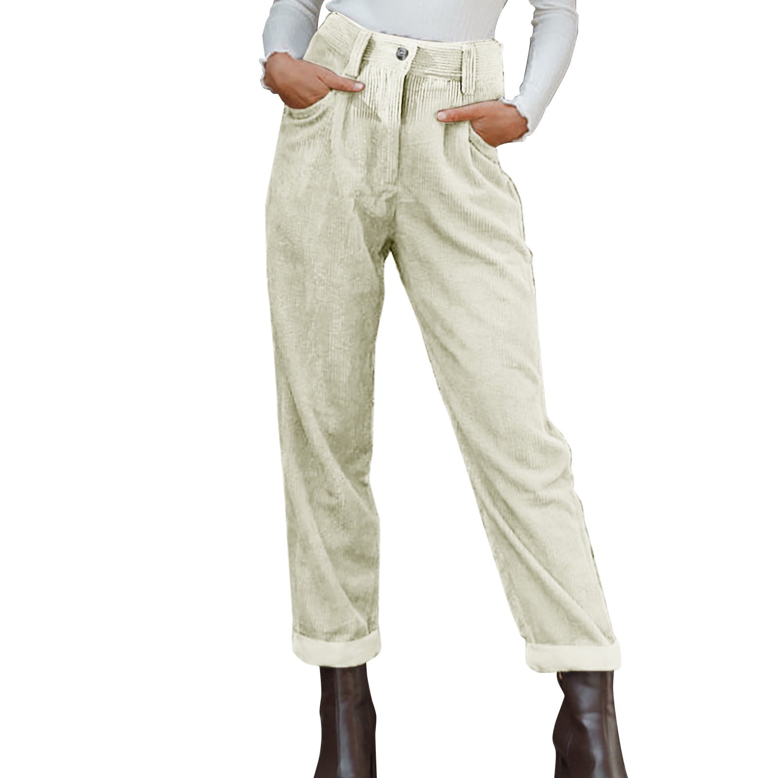 HAiming Women Straight Wide Leg Pants Vintage Flap High Waisted Roll up Hem Pants Casual Baggy ...