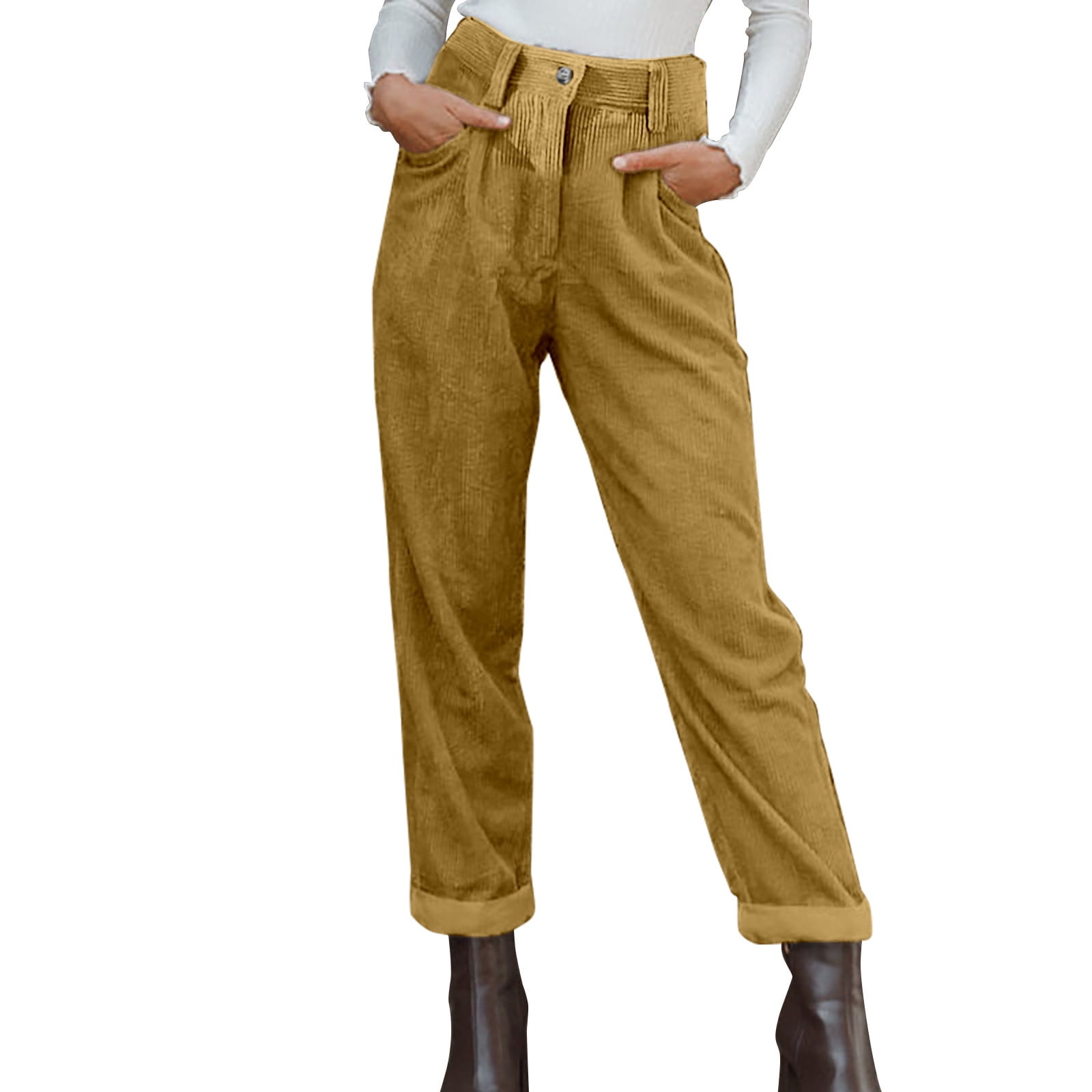 HAiming Women Straight Wide Leg Pants Vintage Flap High Waisted Roll up Hem Pants Casual Baggy ...