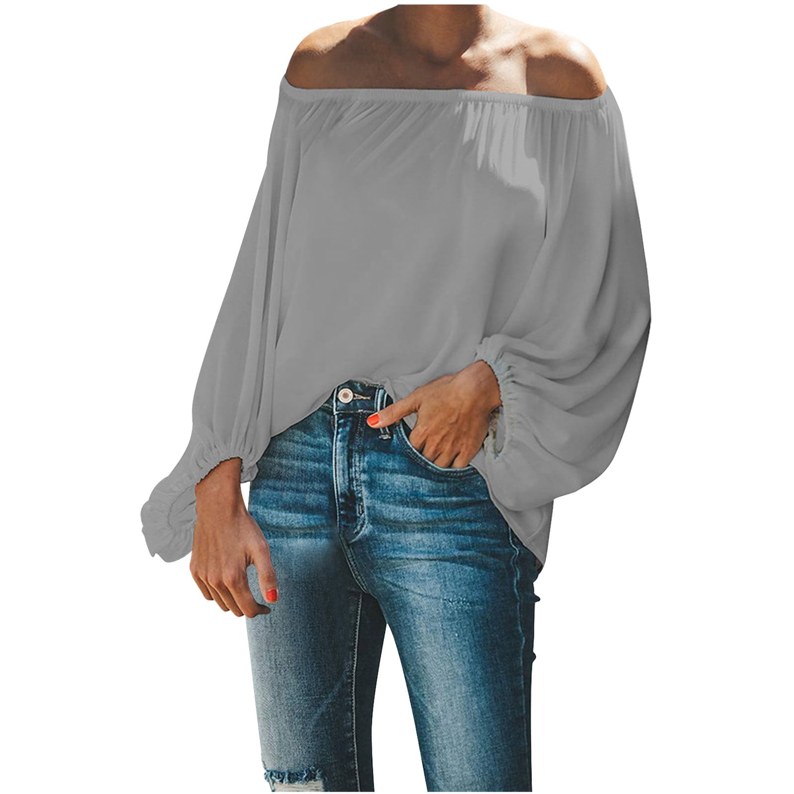 HAiming Women off Shoulder Tops Trendy Solid Color Lantern Long Sleeve ...
