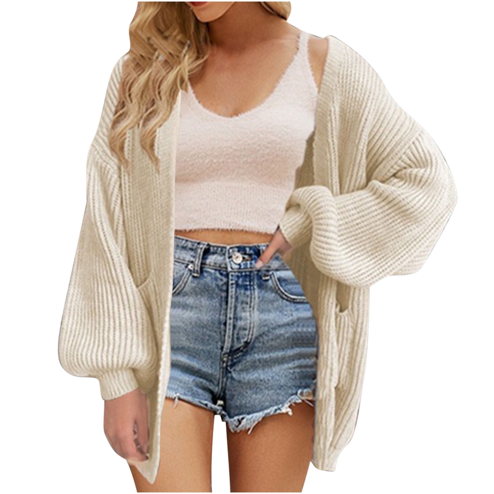 HAiming Women's Cardigan Sweaters Solid Long Sleeve Open Front Knit ...