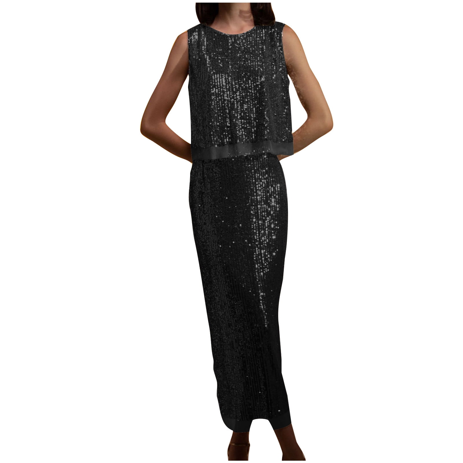 HAiming Women's Glitter 2 Piece Outfits Dress Sequin Sleeveless Crop ...