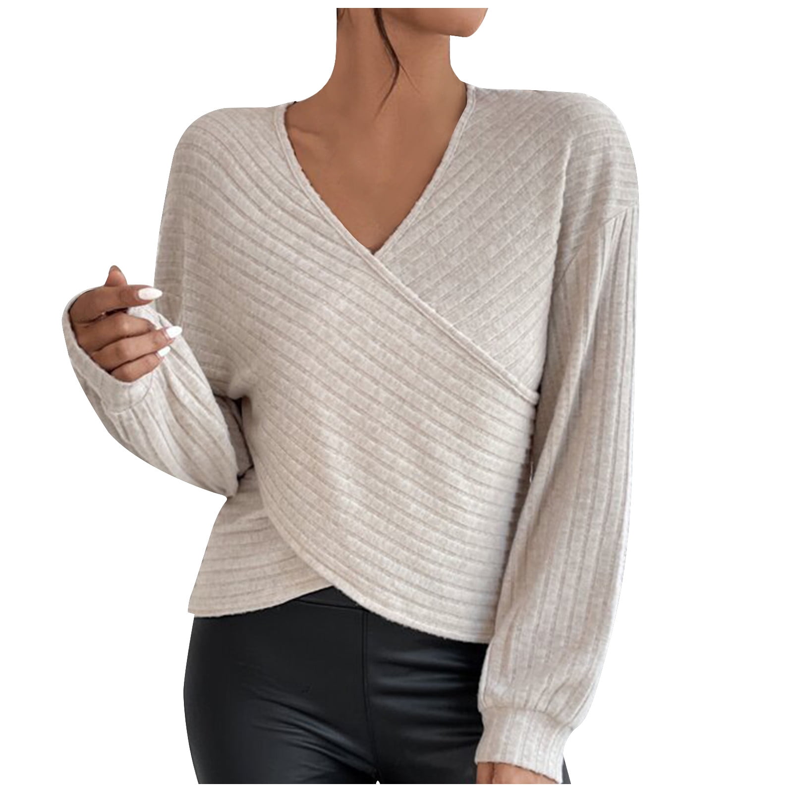 HAiming Women's Knitted Pullover Sweater Long Sleeve Wrap V Neck ...