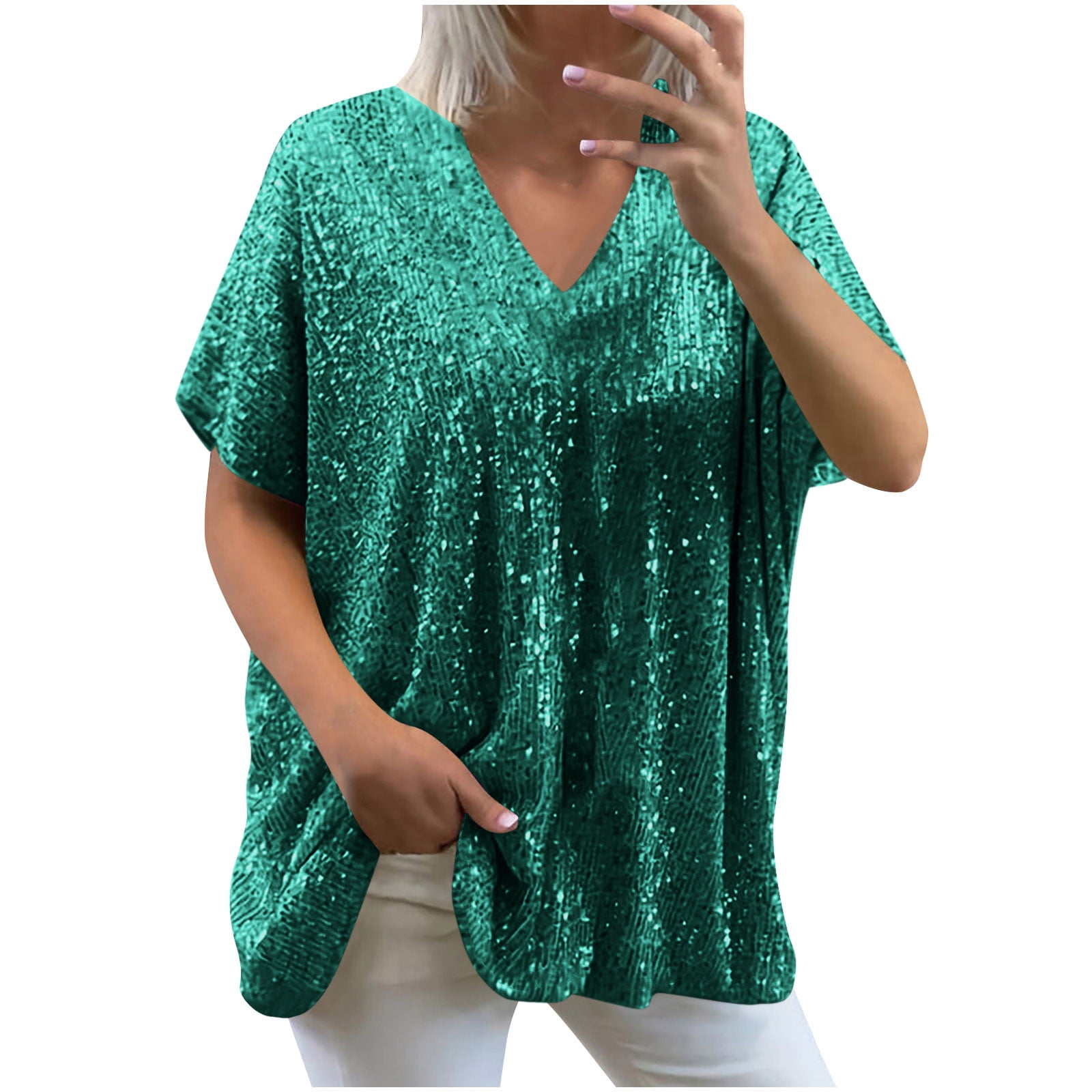 HAiming Women's Plus Size Sequin Tops Casual Sparkly Glitter Short ...
