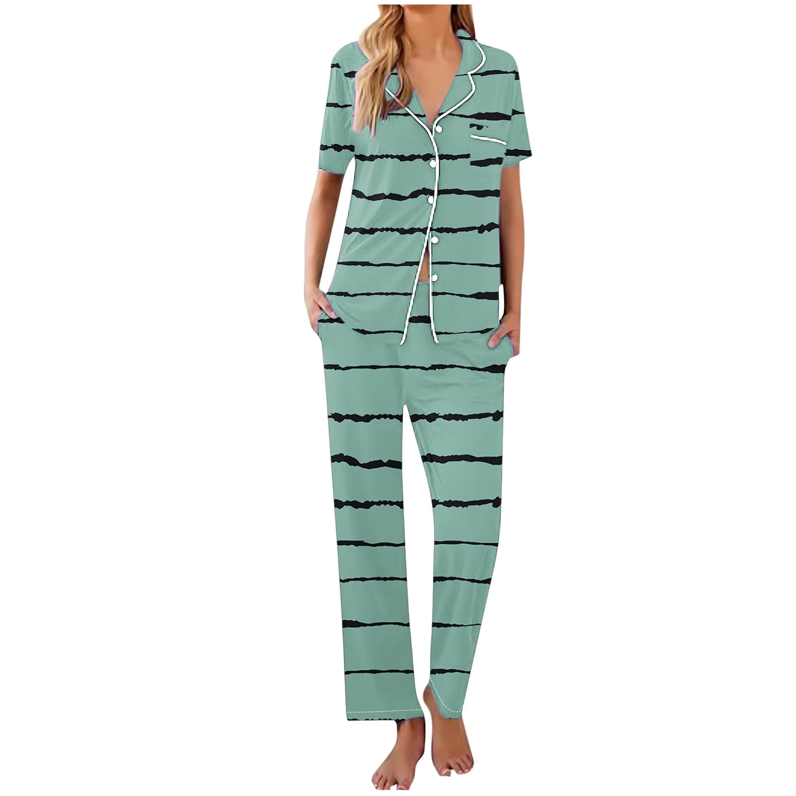 HAiming Women's Satin Pajamas Set Striped Short Sleeve Button down ...