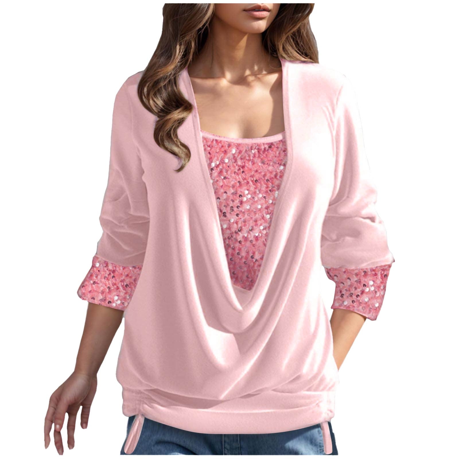 HAiming Women's Sequin Draped Tunic Tops Trendy Cowl Neck Long Sleeve ...