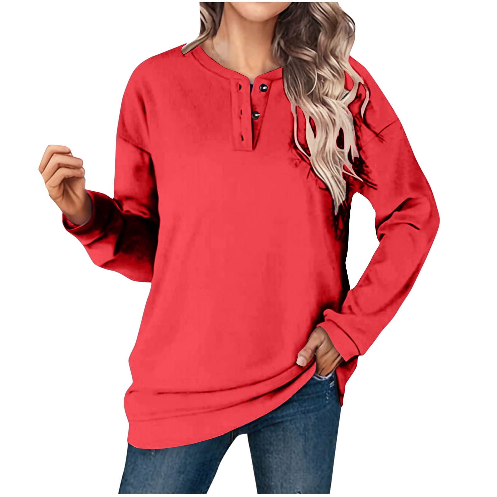 HAiming Women's Sweatshirts Trendy Solid Color Button Long Sleeved V ...