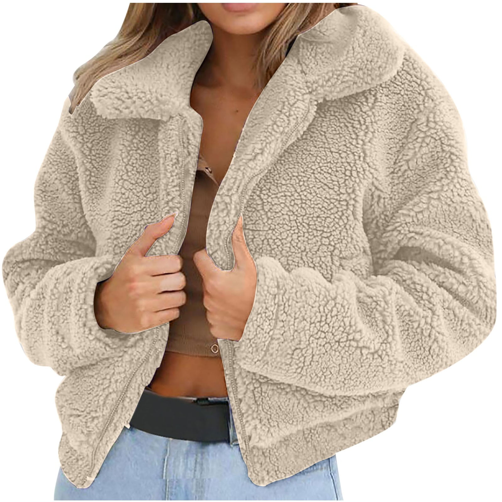 HAiming Women's Winter Fleece Coat Trendy Lapel Long Sleeve Zipper ...