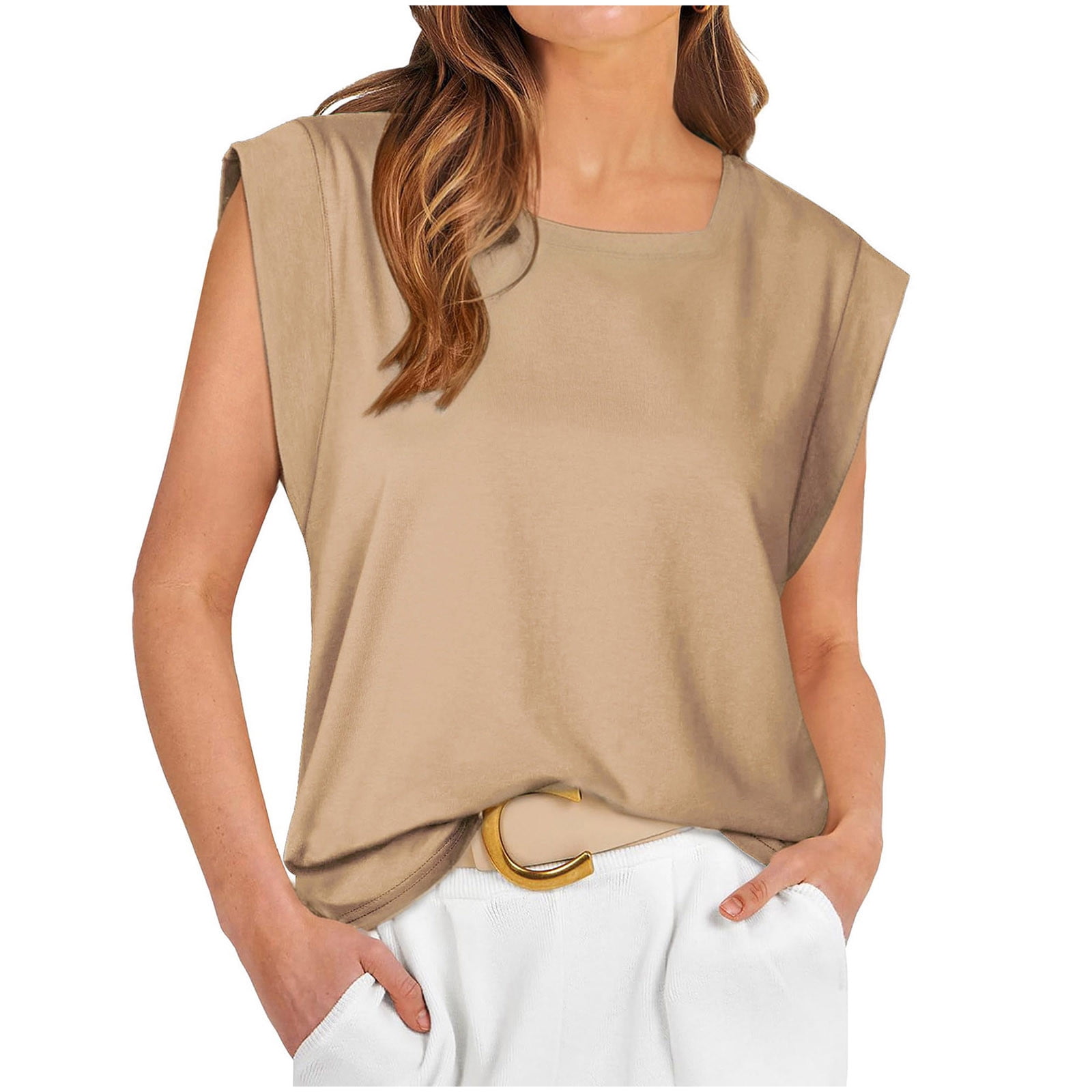 HAiming Womens Cap Sleeve Tops Summer Solid Square Neck Tank Tee Shirts ...