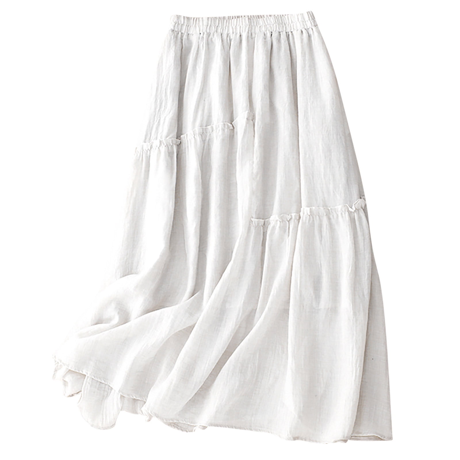 HAiming Womens Cotton Linen Skirts Double Layer Elastic Waist Long Maxi ...