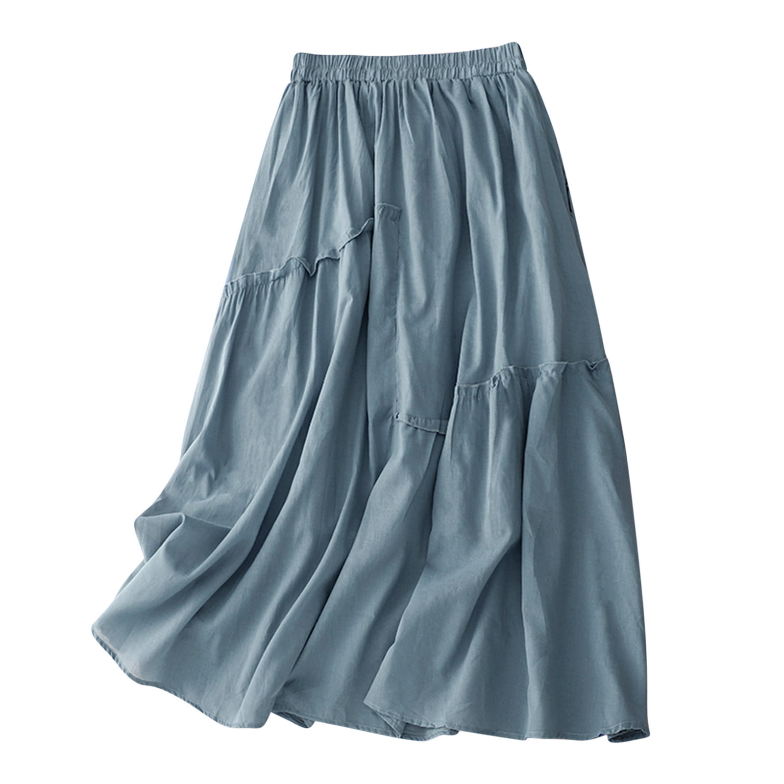 HAiming Womens Cotton Linen Skirts Double Layer Elastic Waist Long Maxi ...