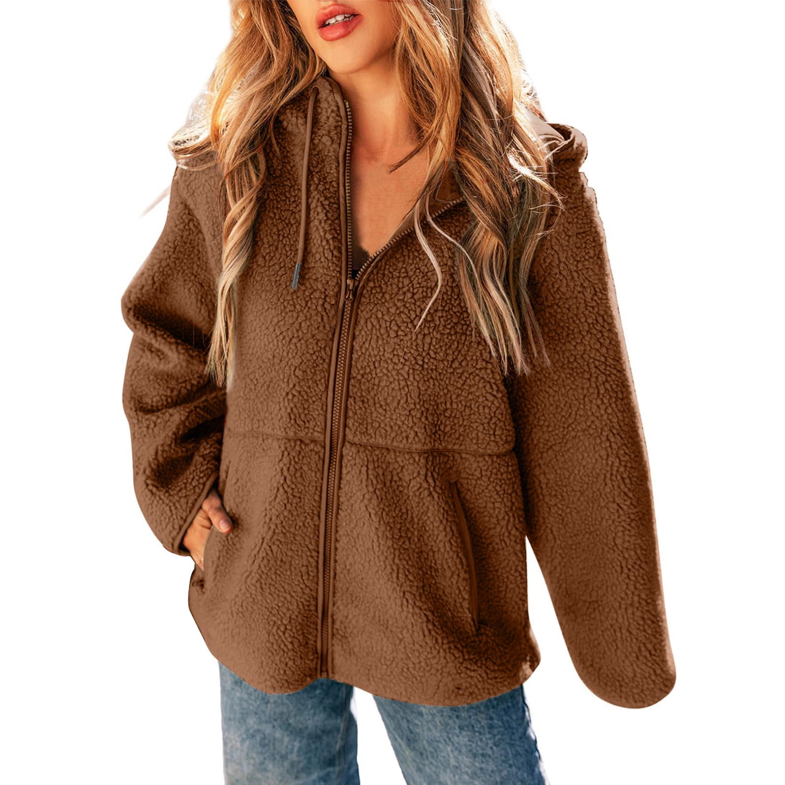 HAiming Womens Fleece Jackets Solid Long Sleeve Zip up Hooded Coats ...