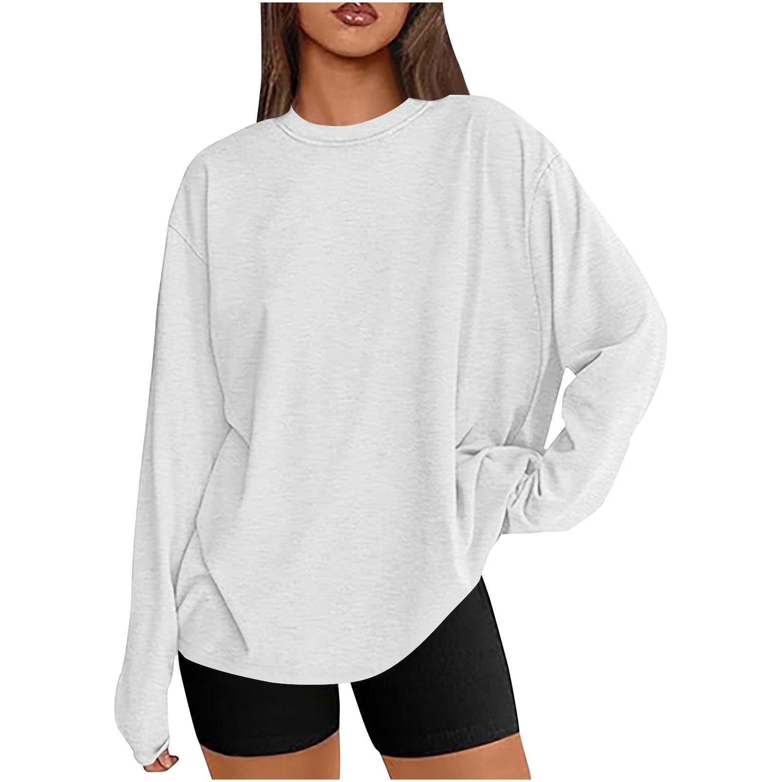 HAiming Womens Long Sleeve Round Neck Shirts Solid Color Loose Pullover ...