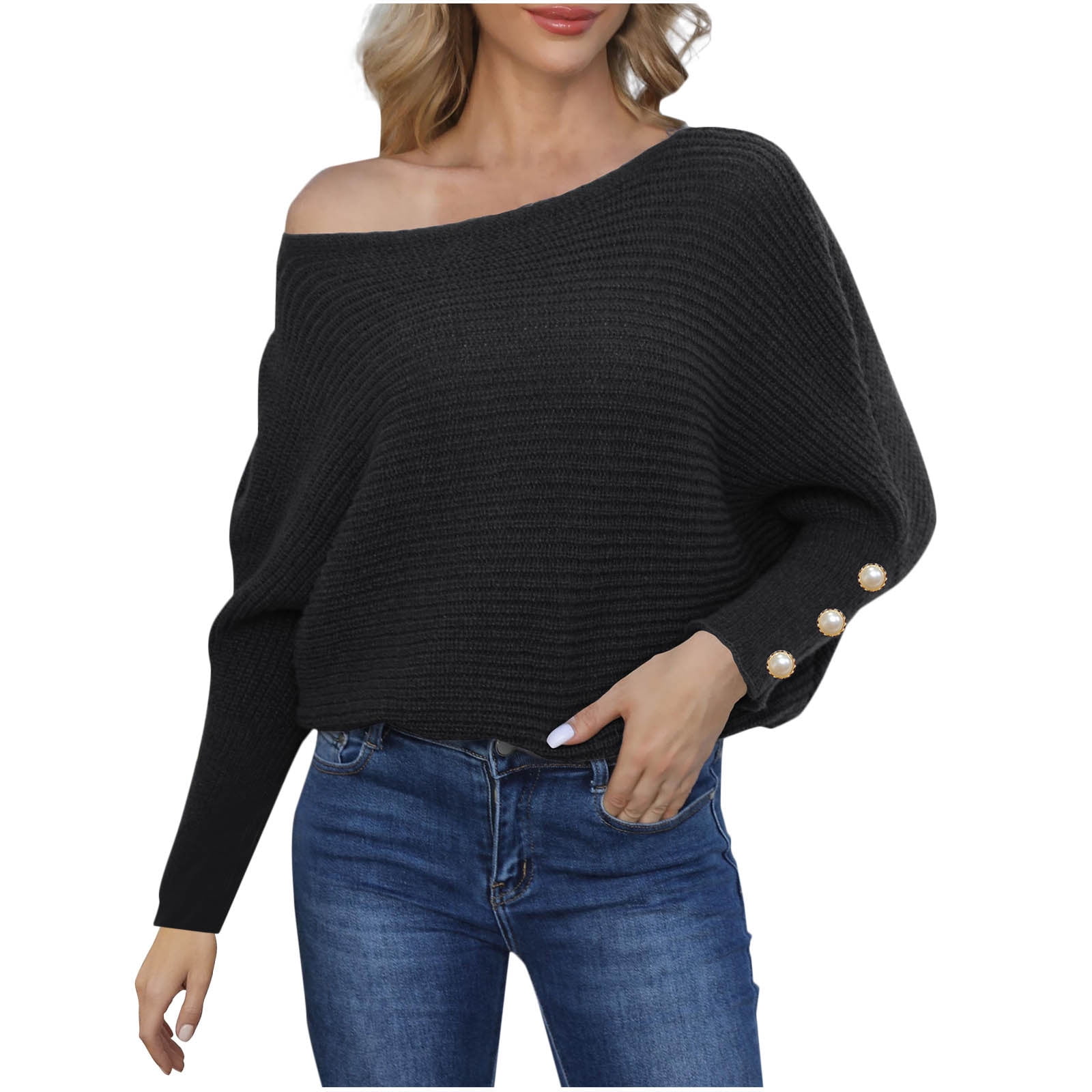 HAiming Womens Pullover Sweaters Trendy off Shoulder Long Sleeve Button ...