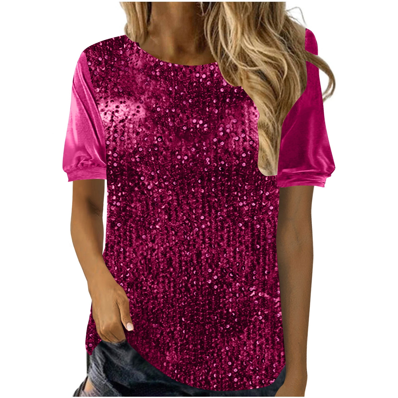 HAiming Womens Sequin Velvet Tops Glitter Sparkly Blouse Crewneck Short ...