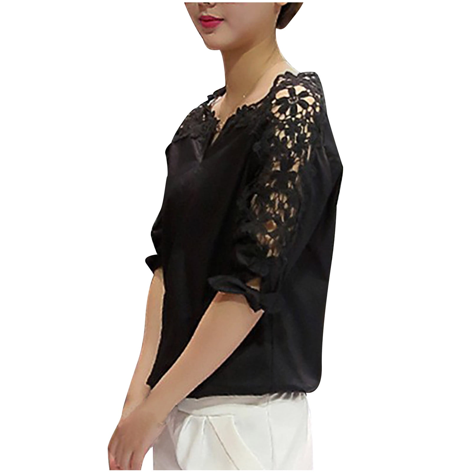 HAiming Womens Tops Summer Hollow Lace Short Sleeve V Neck T-Shirts Plus Size Dressy Casual ...