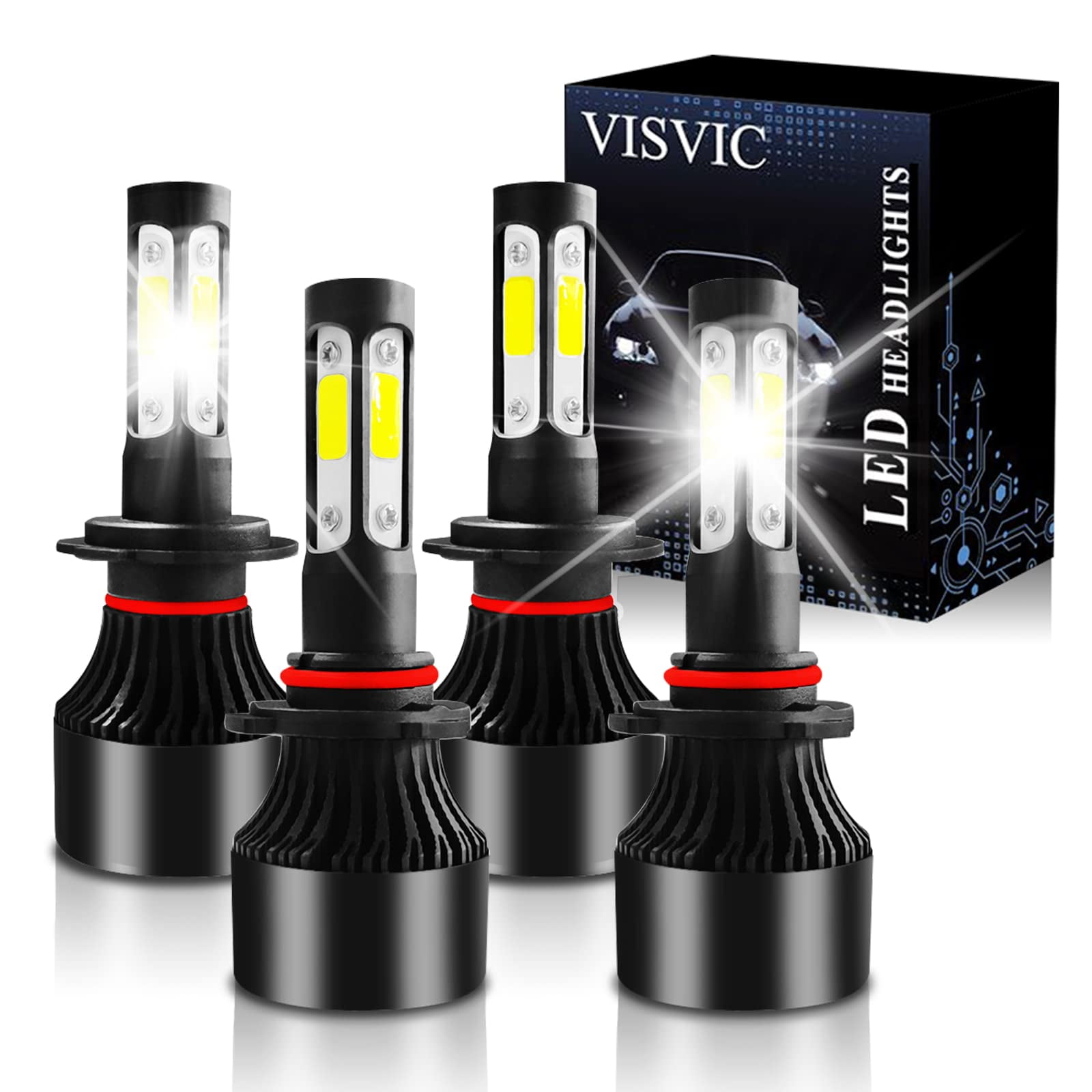 HB3 + H7 LED Headlight Bulb High/low Beam Kits, 4-Sided LED High Low ...