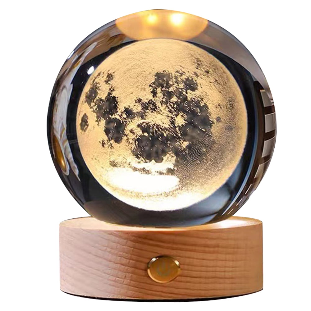 HBASD 3D Led Moon Crystal Ball Lamp With Wooden Base Usb Rechargeable ...